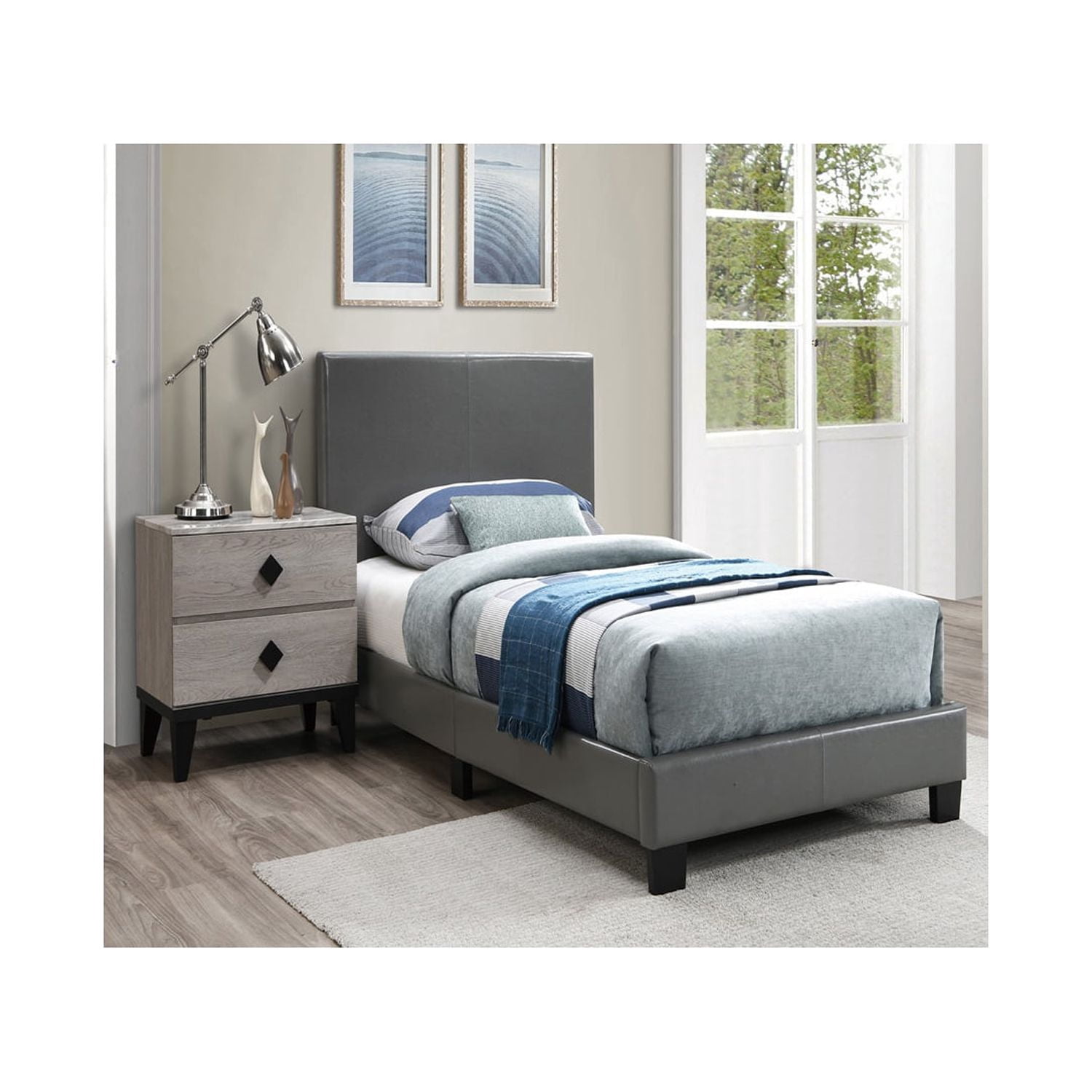 Poundex Furniture Twin Faux Leather Bed Frame with 12 Slats in Gray ...