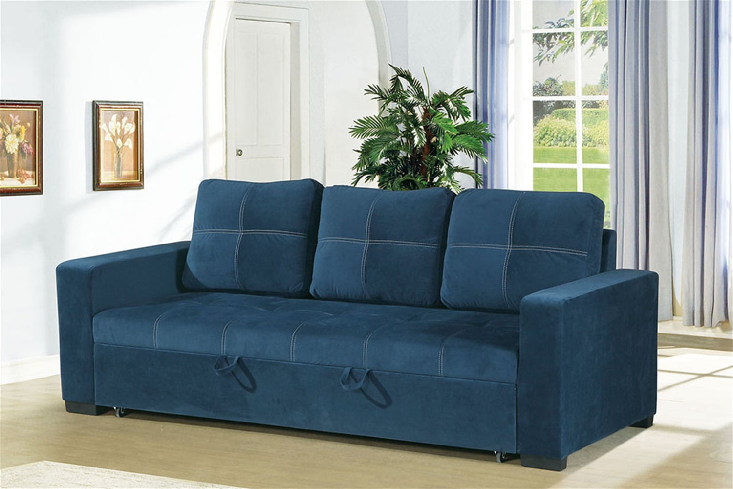 Poundex Home Furniture Convertible Sofa, Blue Leather, Living Room ...