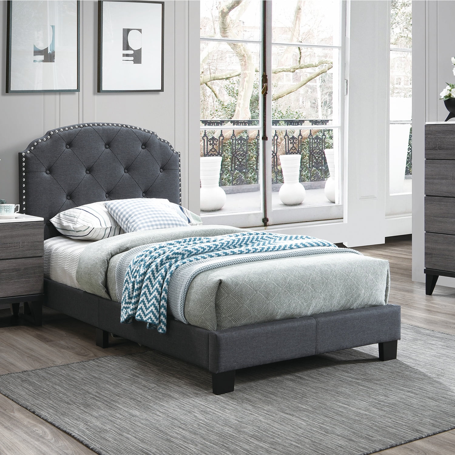 Poundex Twin Burlap Fabric Upholstered Bed Frame with Slats in Charcoal ...