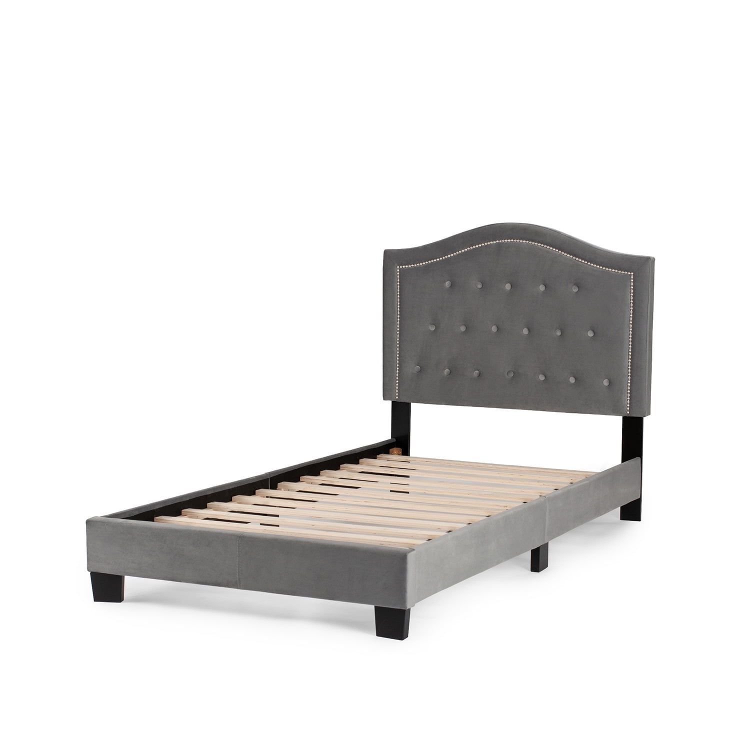 Poundex Twin Velvet Fabric Upholstered Bed Frame with Slats in Gray ...