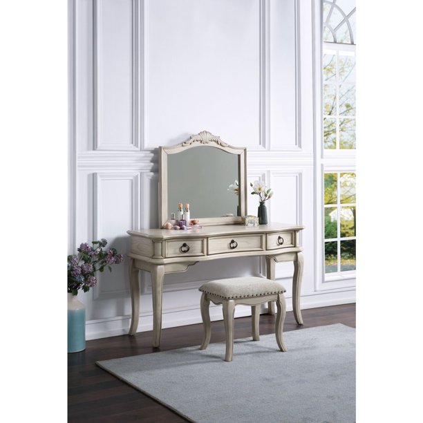 Poundex Wood Vanity Set with Stool and Mirror in Antique White ...