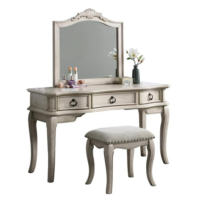 Poundex Wood Vanity Set with Stool and Mirror in Antique White ...