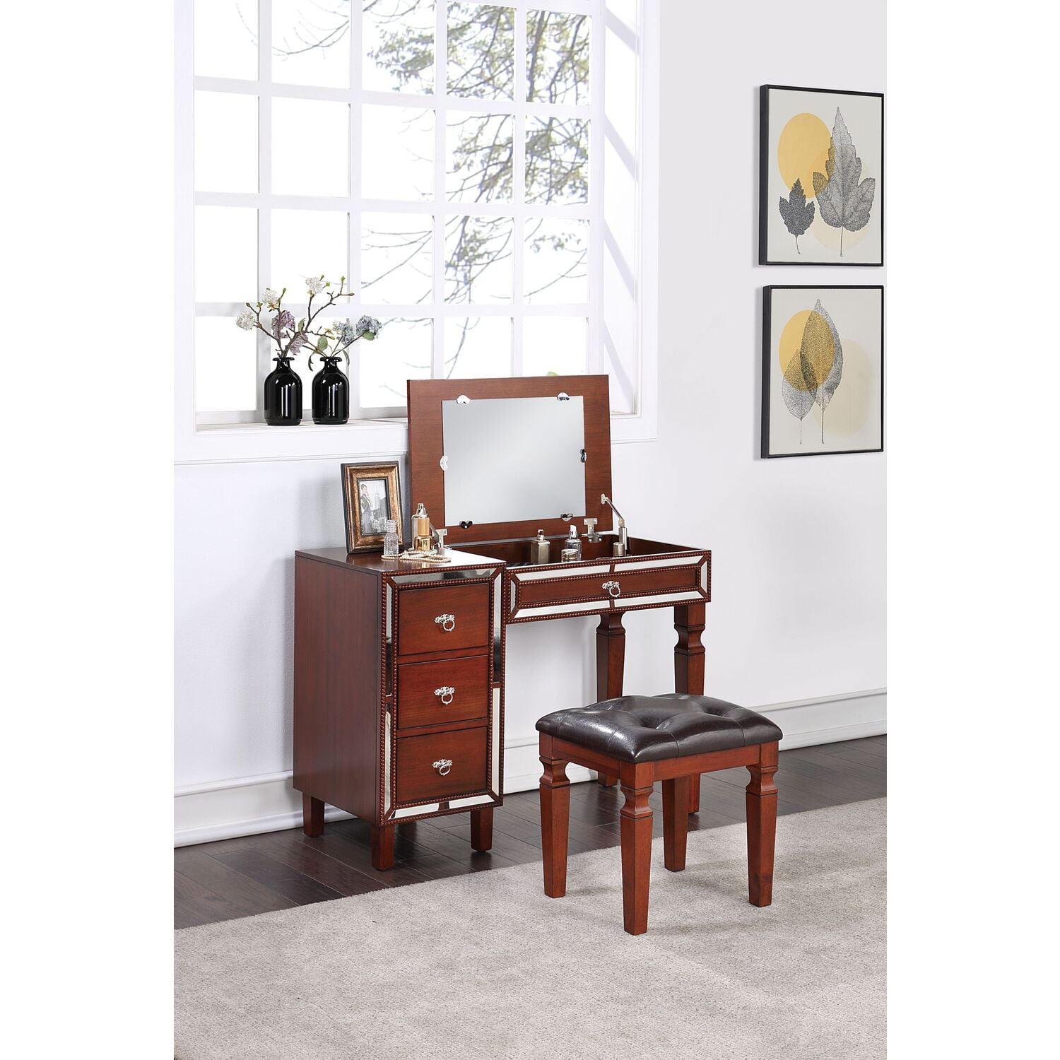 Poundex Wooden Makeup Vanity Set with Lift-up Mirror and Stool - Cherry ...