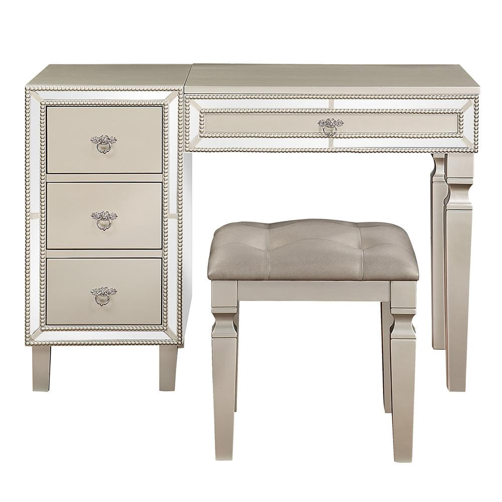Poundex Wooden Makeup Vanity Set with Lift-up Mirror and Stool - Silver ...