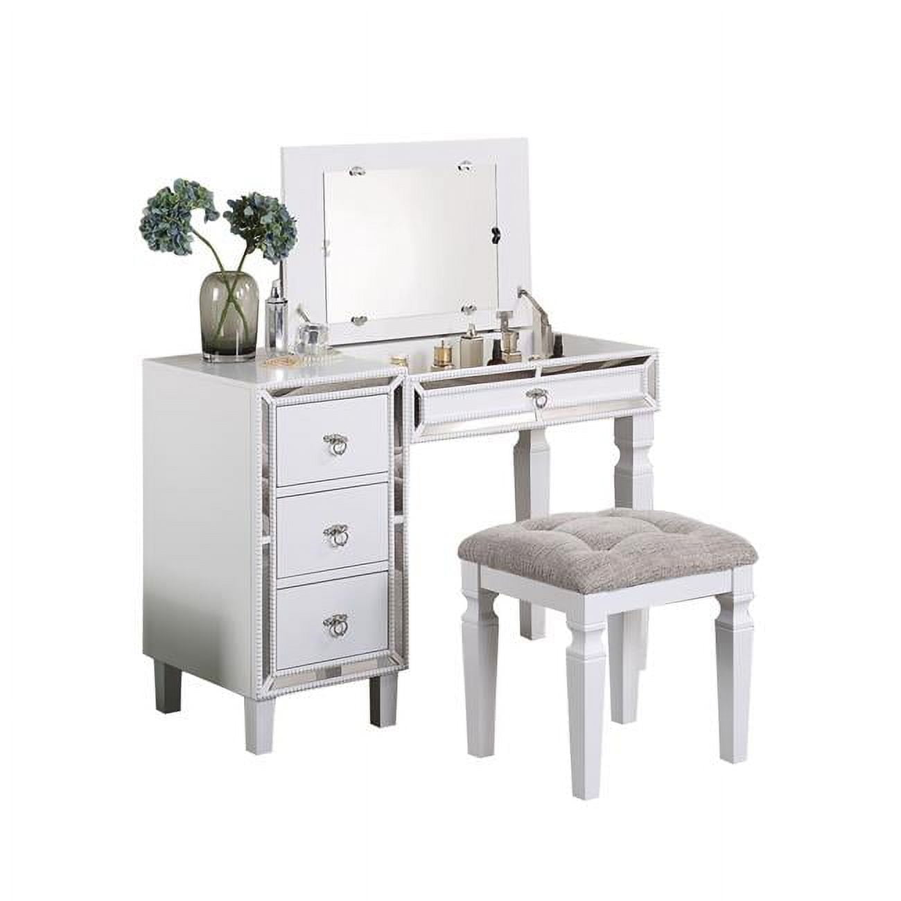 Poundex Wooden Makeup Vanity Set with Lift-up Mirror and Stool - White ...