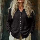 Pounoo Cotton Linen Long Sleeve Shirts for Women Boho V-Neck Button ...