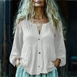 Pounoo Cotton Linen Long Sleeve Shirts for Women Boho V-Neck Button ...