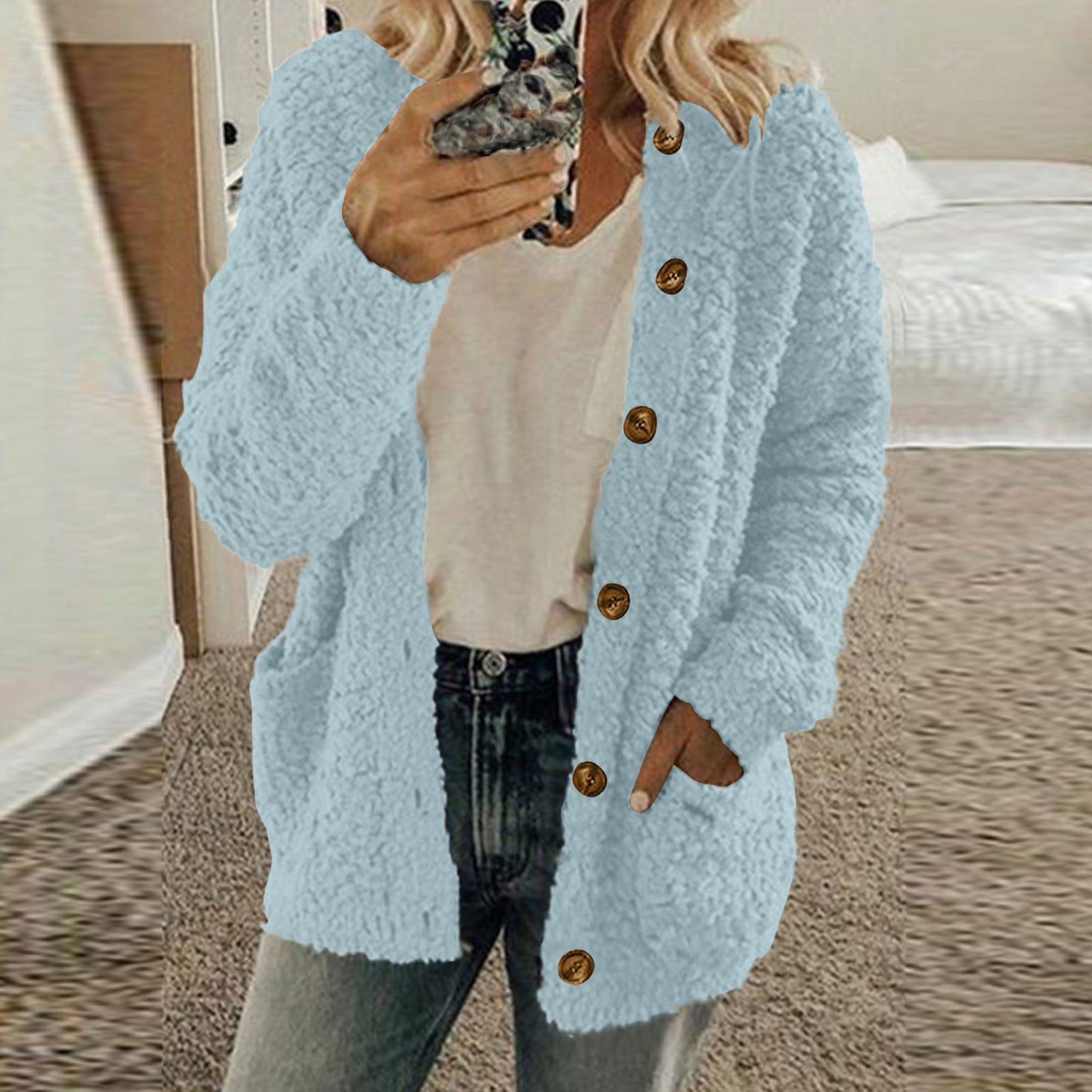Pounoo Fuzzy Fleece Jackets for Women Lightweight Cozy Button Hooded ...