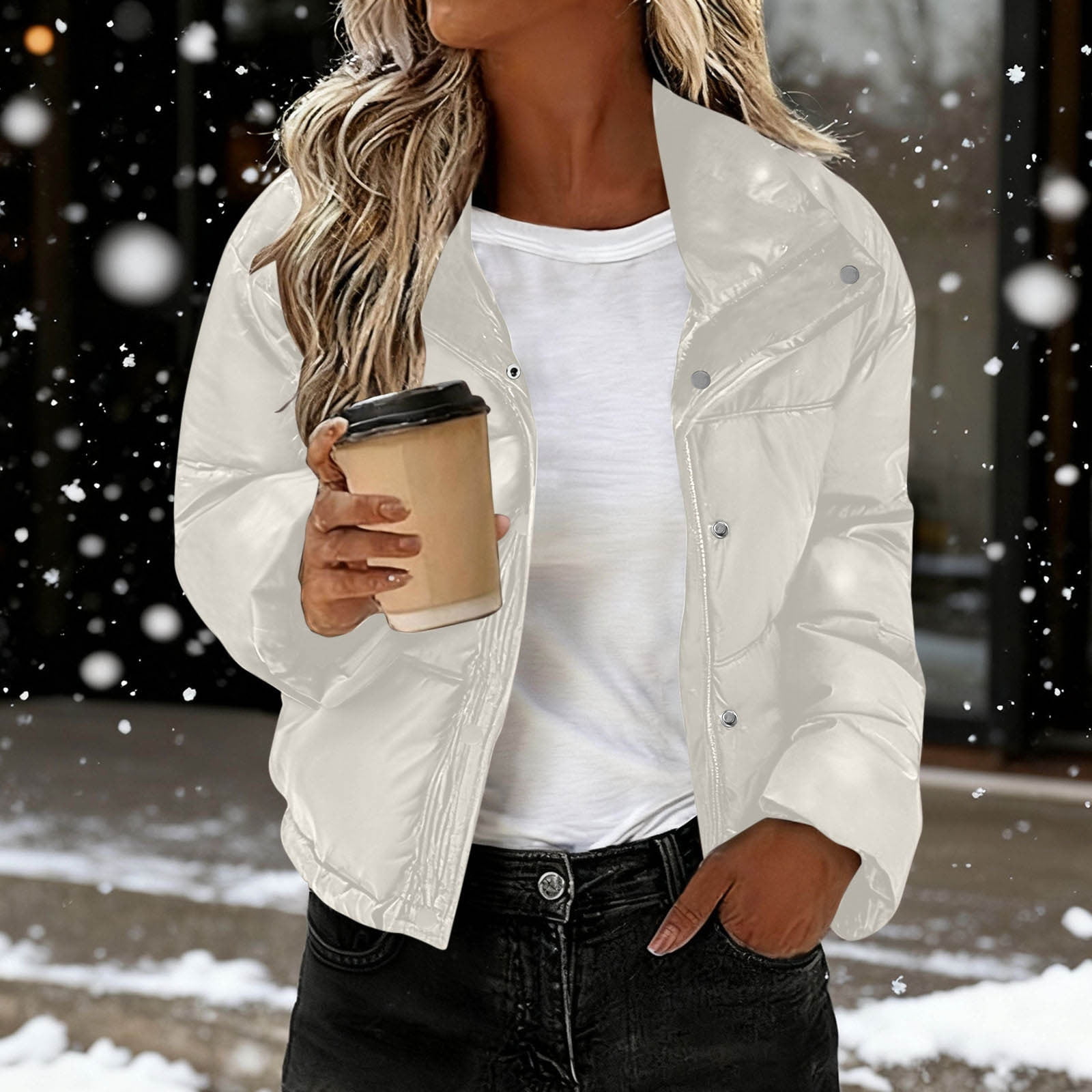 Pounoo Leather Cropped Puffer Jacket Women Standing Collar Leather ...