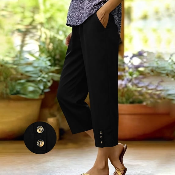 Pounoo Linen Capris for Women Summer Boho Capri Pants Comfy Straight ...