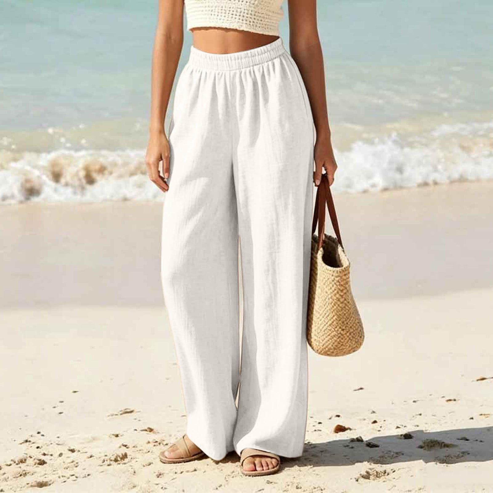 Pounoo Linen Pants for Women Elastic High Waist Solid Color Wide Fit ...