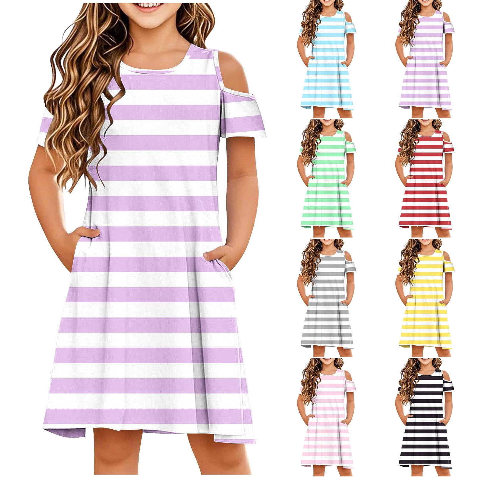 Pounoo New Dresses For Girls Cute Striped Short Sleeve Casual Dresses ...