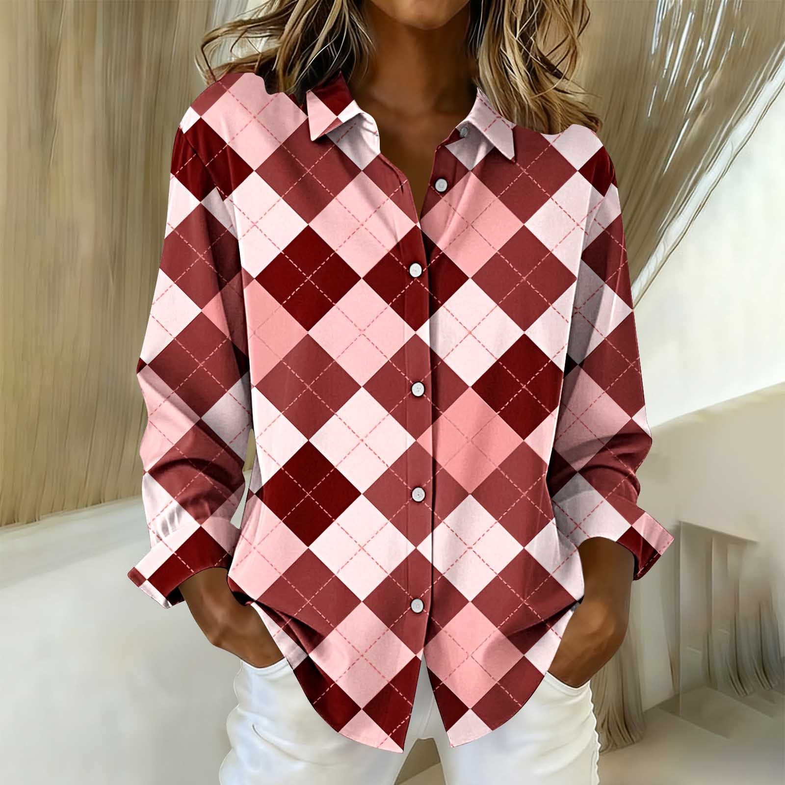 Pounoo Patchwork Piald Long Sleeve Shirts for Women Retro Striped ...