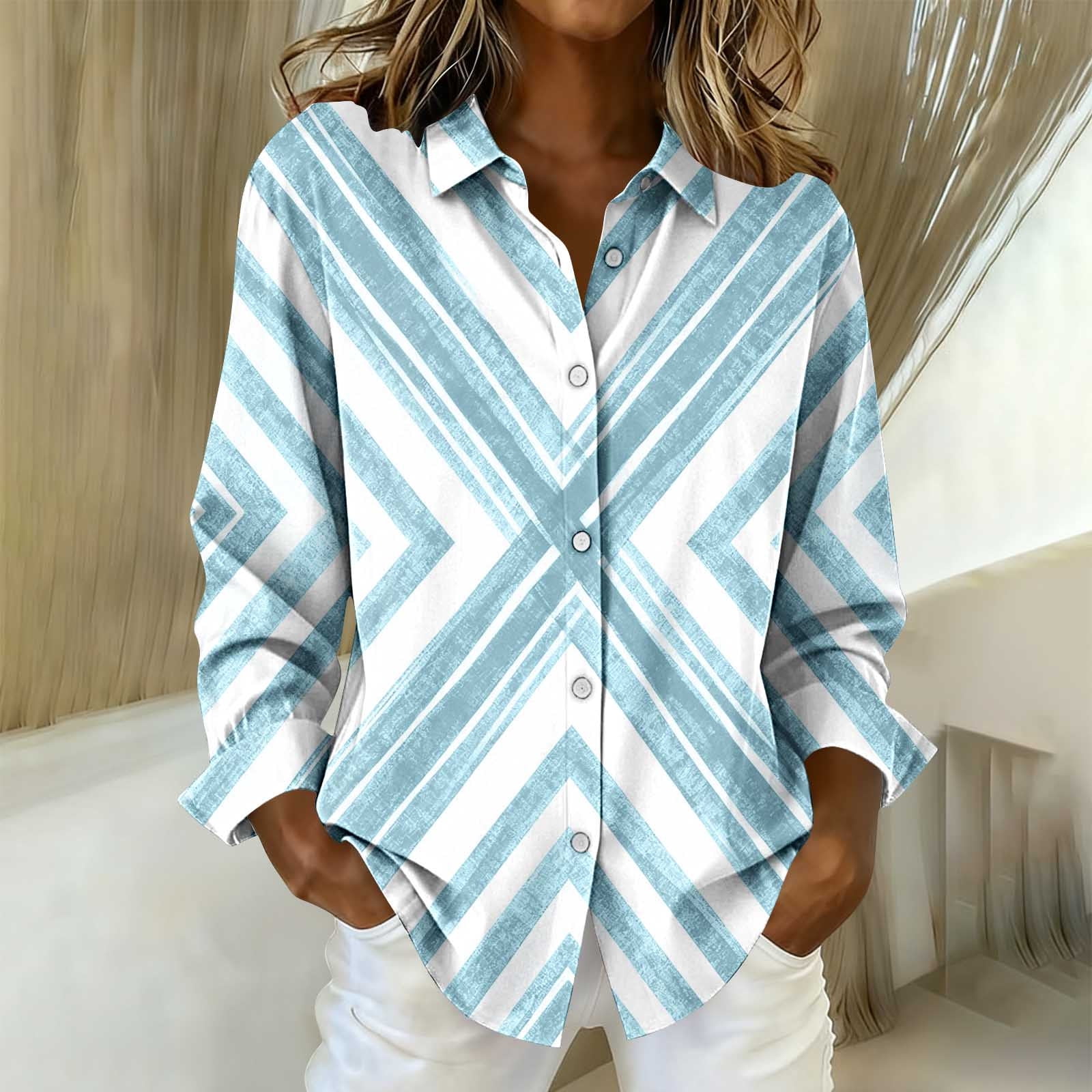 Pounoo Patchwork Piald Long Sleeve Shirts for Women Retro Striped ...