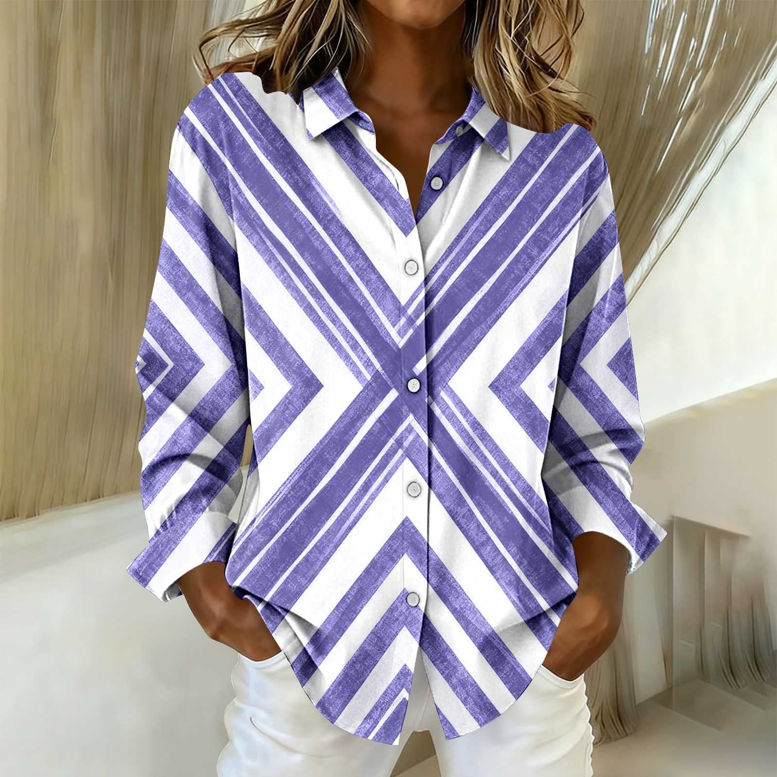 Pounoo Patchwork Piald Long Sleeve Shirts for Women Retro Striped ...