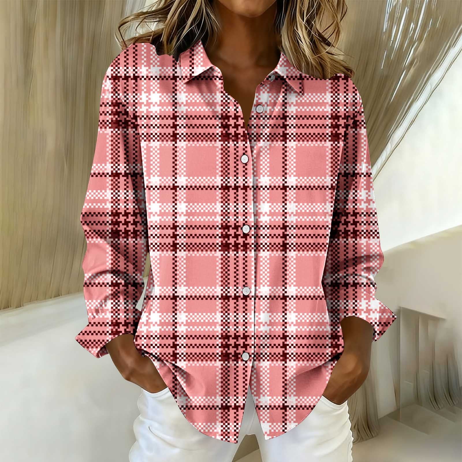 Pounoo Patchwork Piald Long Sleeve Shirts for Women Retro Striped ...