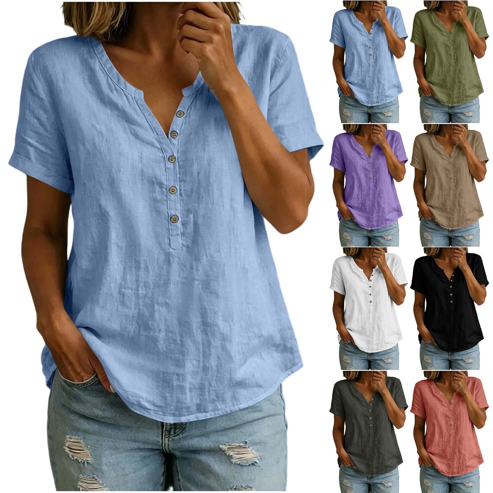 Pounoo Women's Linen Shirts Short Sleeve Collared Neck Half Placket ...