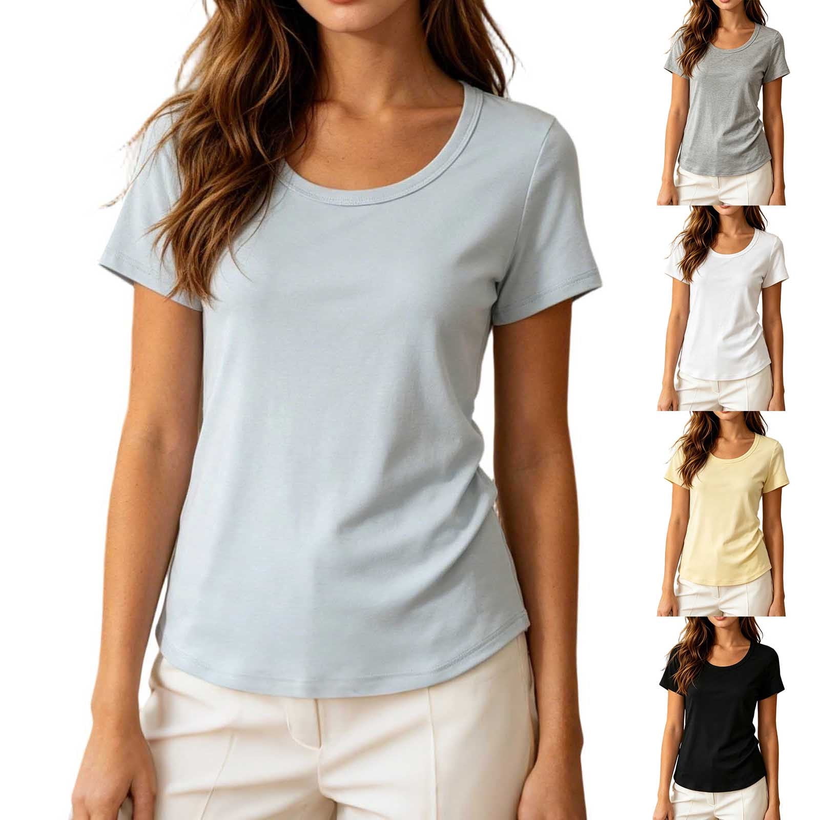 Pounoo Women's T-Shirts Short Sleeve Crew Neck Plain Tops Casual Daily ...