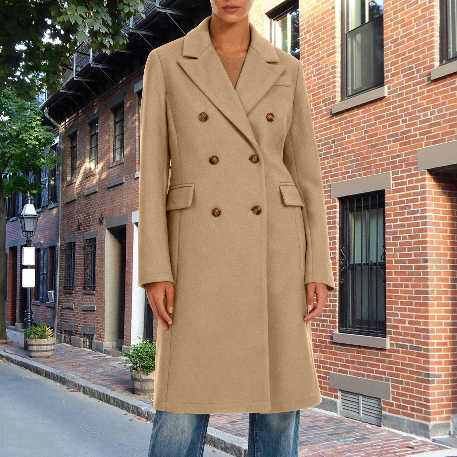 Pounoo Womens Long Lapel Double Breasted Wool Coat Trench Coat Casual ...