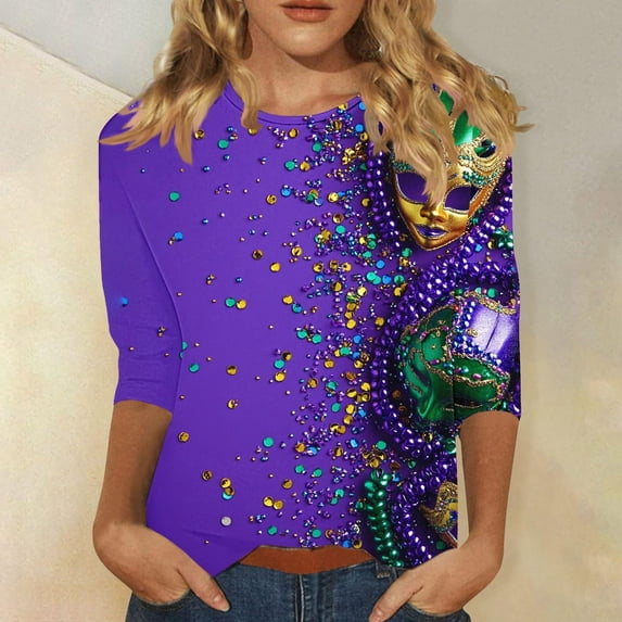 Pounoo Womens Mardi Gras Tops Mask Graphic Crew Neck 3/4 Sleeve Shirts ...