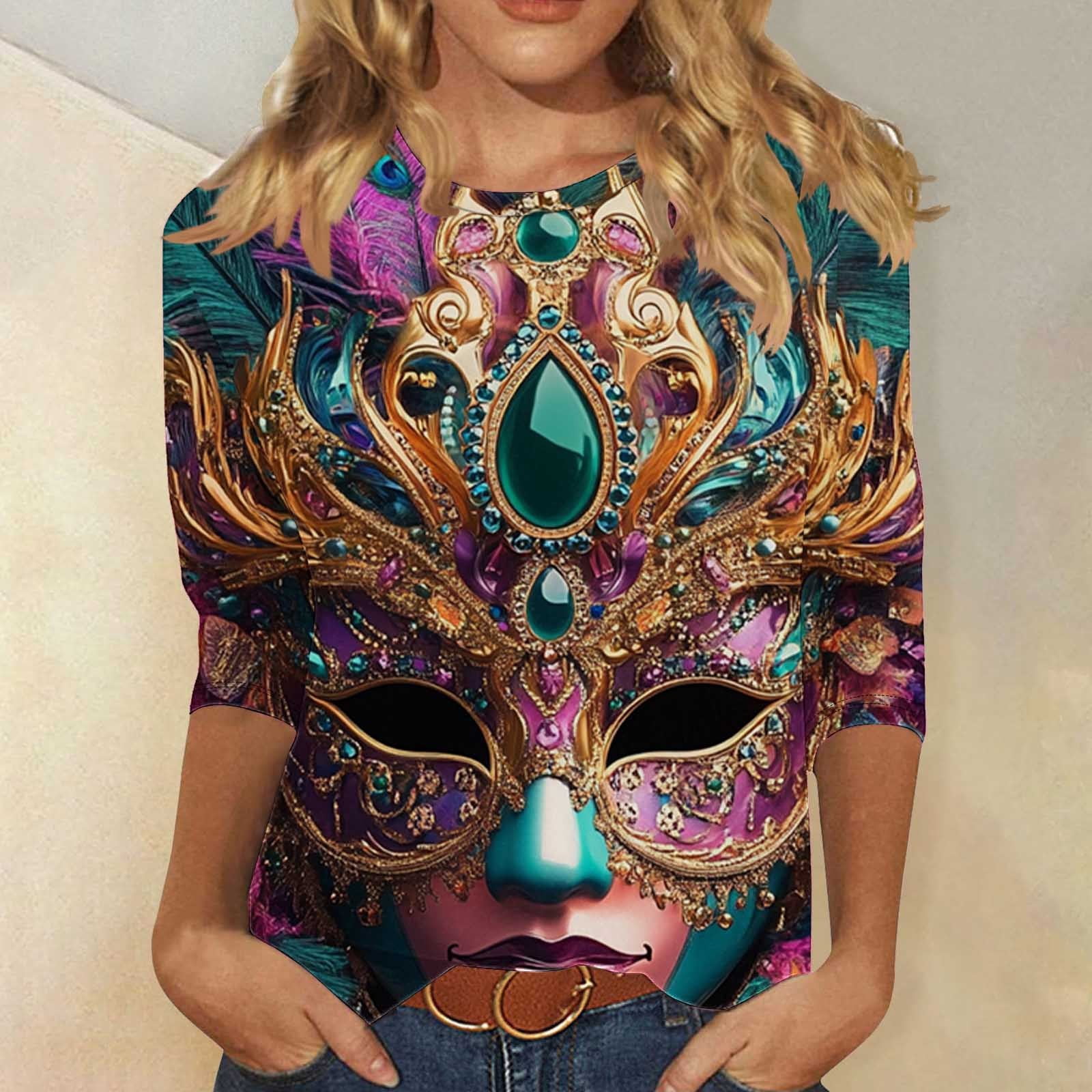Pounoo Womens Mardi Gras Tops Mask Graphic Crew Neck 3/4 Sleeve Shirts ...