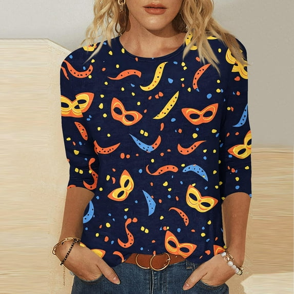 Pounoo Womens Mardi Gras Tops Mask Graphic Crew Neck 3/4 Sleeve Shirts ...