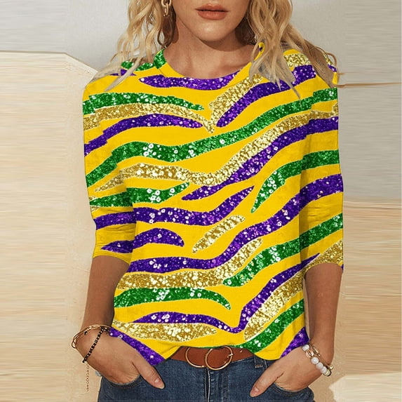 Pounoo Womens Mardi Gras Tops Mask Graphic Crew Neck 3/4 Sleeve Shirts ...