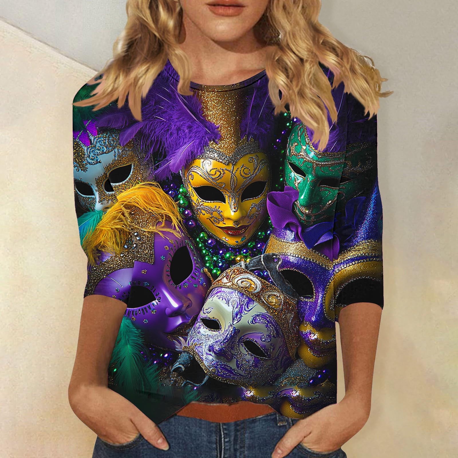 Pounoo Womens Mardi Gras Tops Mask Graphic Crew Neck 3/4 Sleeve Shirts ...