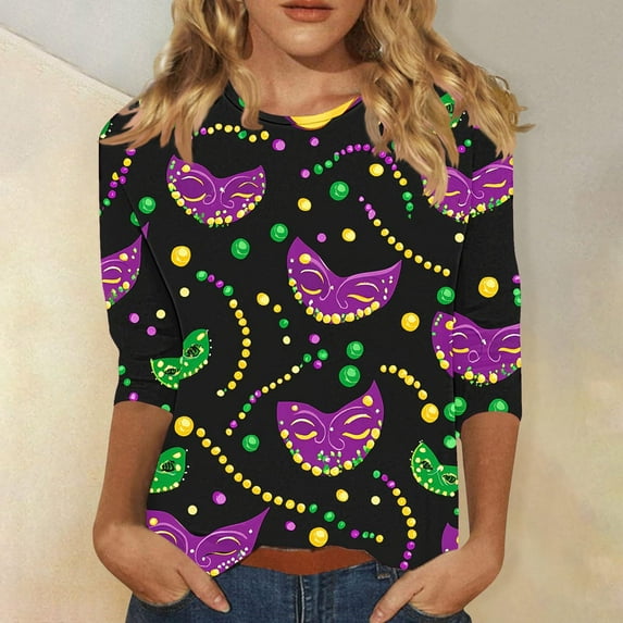 Pounoo Womens Mardi Gras Tops Mask Graphic Crew Neck 3/4 Sleeve Shirts ...