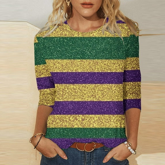 Pounoo Womens Mardi Gras Tops Mask Graphic Crew Neck 3/4 Sleeve Shirts ...