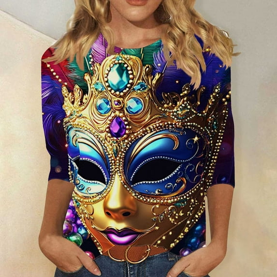 Pounoo Womens Mardi Gras Tops Mask Graphic Crew Neck 3/4 Sleeve Shirts ...