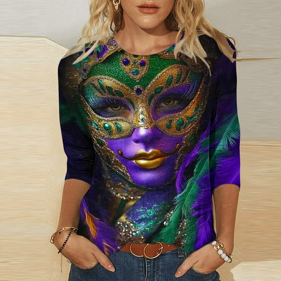 Pounoo Womens Mardi Gras Tops Mask Graphic Crew Neck 3/4 Sleeve Shirts ...
