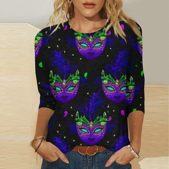 Pounoo Womens Mardi Gras Tops Mask Graphic Crew Neck 3/4 Sleeve Shirts ...
