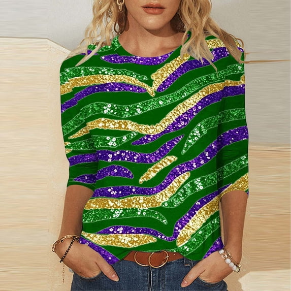 Pounoo Womens Mardi Gras Tops Mask Graphic Crew Neck 3/4 Sleeve Shirts ...