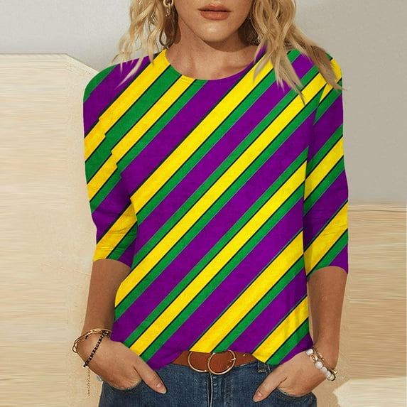 Pounoo Womens Mardi Gras Tops Mask Graphic Crew Neck 3/4 Sleeve Shirts ...