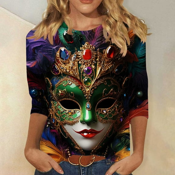 Pounoo Womens Mardi Gras Tops Mask Graphic Crew Neck 3/4 Sleeve Shirts ...