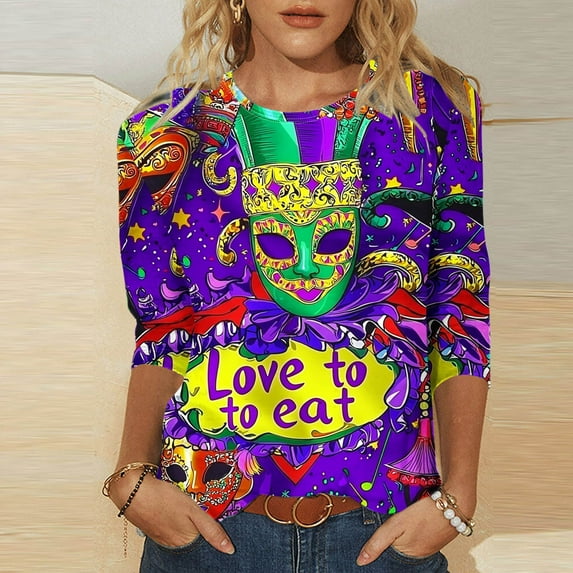 Pounoo Womens Mardi Gras Tops Mask Graphic Crew Neck 3/4 Sleeve Shirts ...