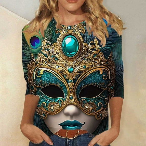 Pounoo Womens Mardi Gras Tops Mask Graphic Crew Neck 3/4 Sleeve Shirts ...