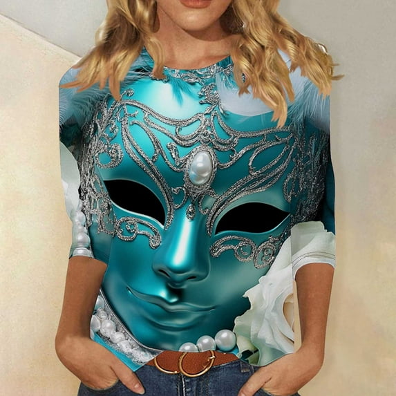 Pounoo Womens Mardi Gras Tops Mask Graphic Crew Neck 3/4 Sleeve Shirts ...