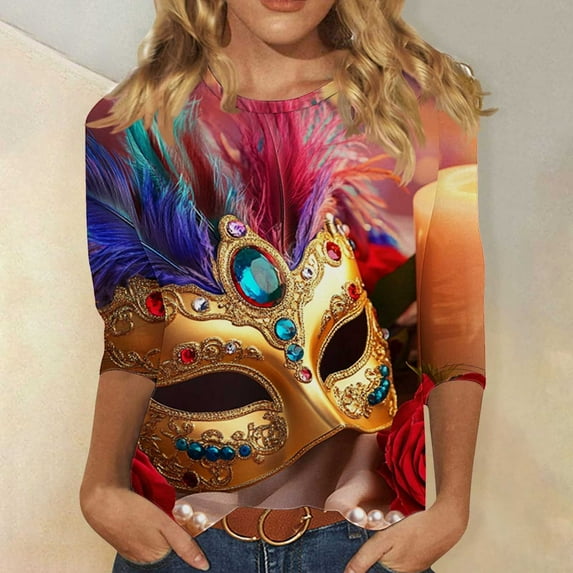 Pounoo Womens Mardi Gras Tops Mask Graphic Crew Neck 3/4 Sleeve Shirts ...