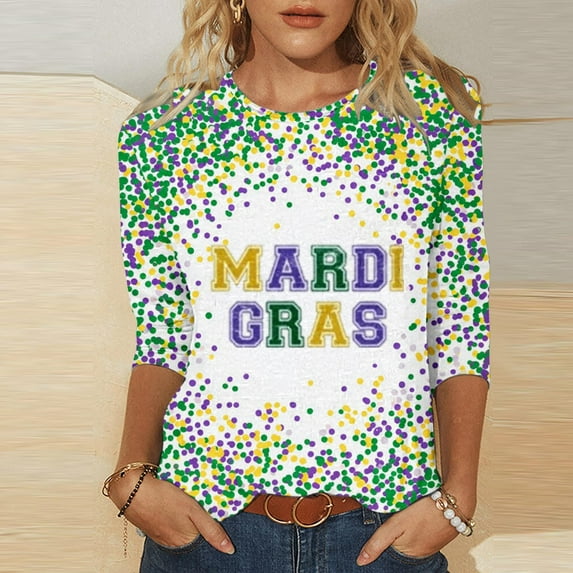 Pounoo Womens Mardi Gras Tops Mask Graphic Crew Neck 3/4 Sleeve Shirts ...