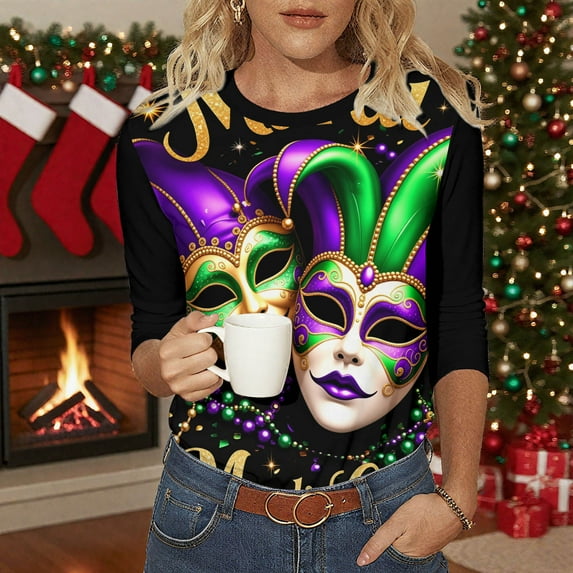 Pounoo Womens Mardi Gras Tops Mask Graphic Crew Neck 3/4 Sleeve Shirts ...