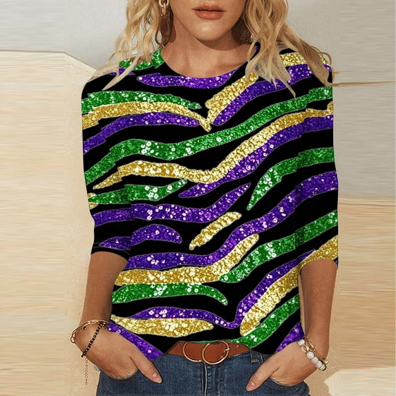 Pounoo Womens Mardi Gras Tops Mask Graphic Crew Neck 3/4 Sleeve Shirts ...
