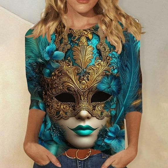 Pounoo Womens Mardi Gras Tops Mask Graphic Crew Neck 3/4 Sleeve Shirts ...