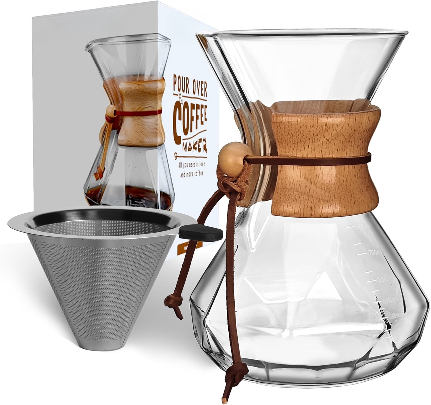Pour Over Coffee Maker Glass - 6/8/10 Cup Barista Kit with 304 ...