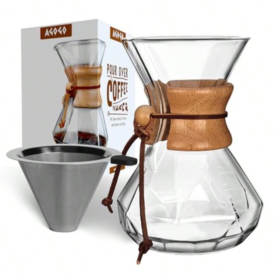 Pour Over Coffee Maker Glass 6/8/10 Cup Barista Kit with 304 Stainless ...