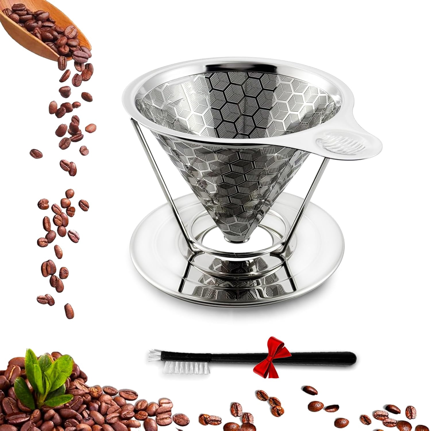 Pour Over Coffee Maker, Triple Layer Stainless Steel Cone Filter, Non ...