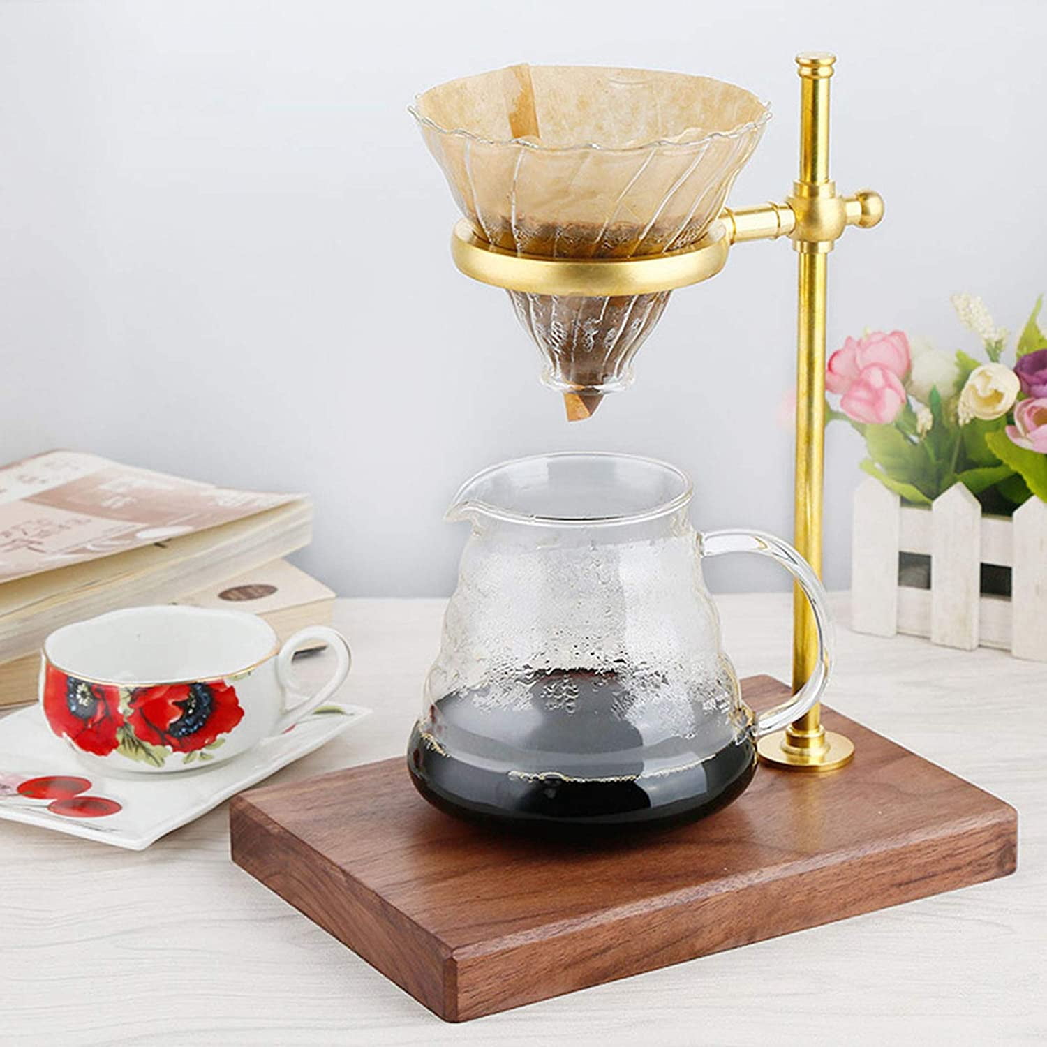 Pour Over Coffee Dripper Stand, Wooden Brass Coffee Filter Holder Drip ...