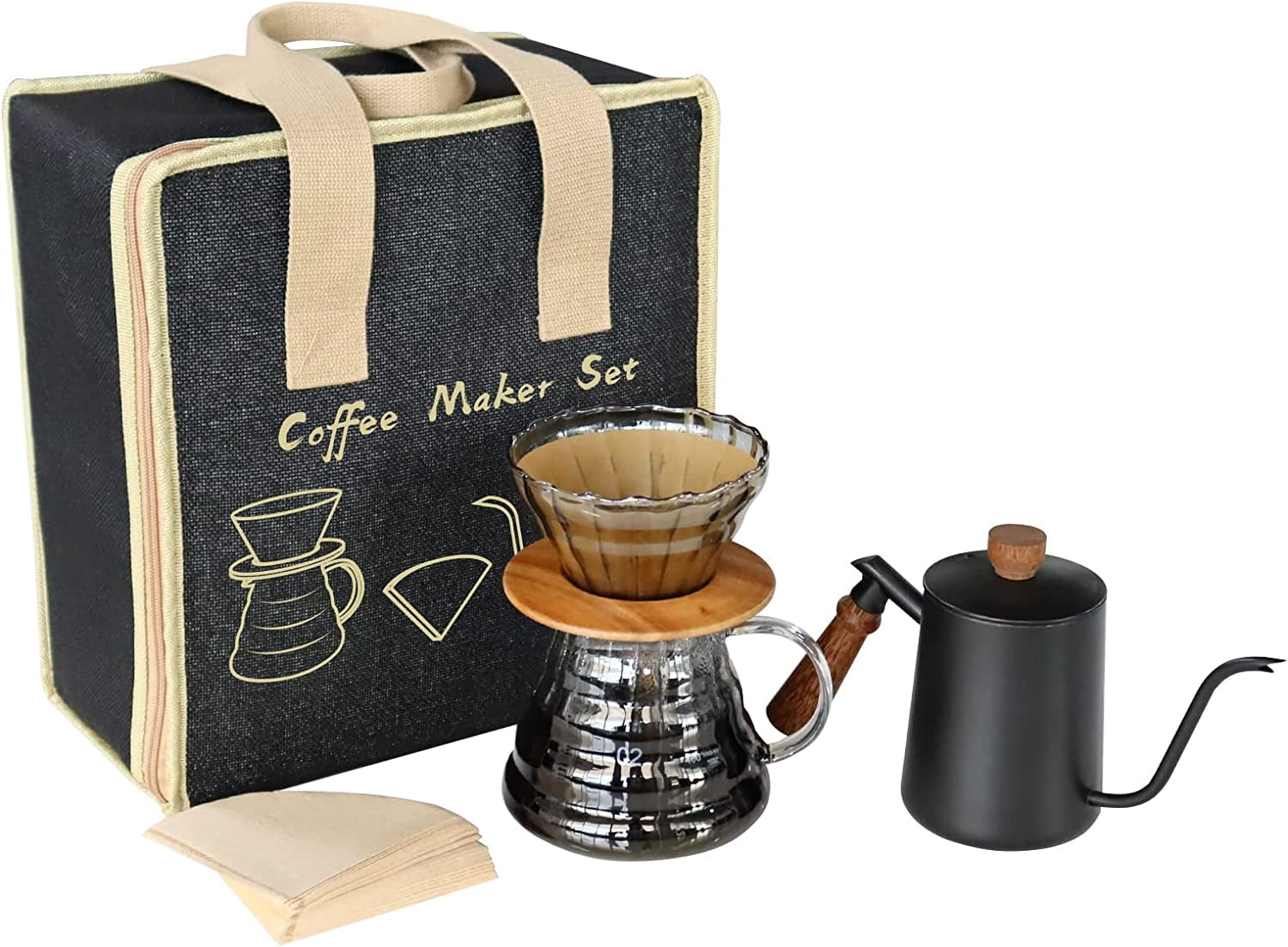 Pour Over Coffee Maker Set with Black Gooseneck Kettle, Wooden Pad ...