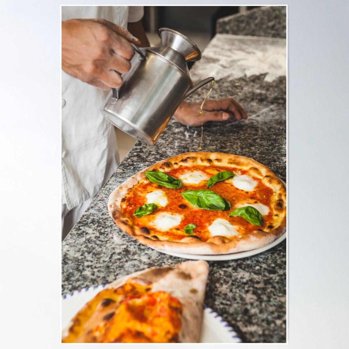 Pouring Olive Oil On Baked Margherita Pizza Poster Wall Art, Modern ...